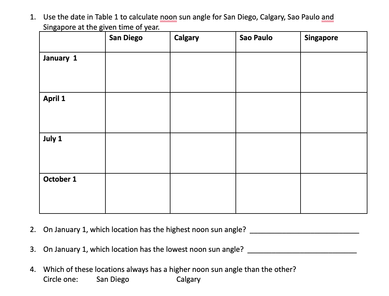 1 Use the date in Table 1 to calculate noon | StudyX