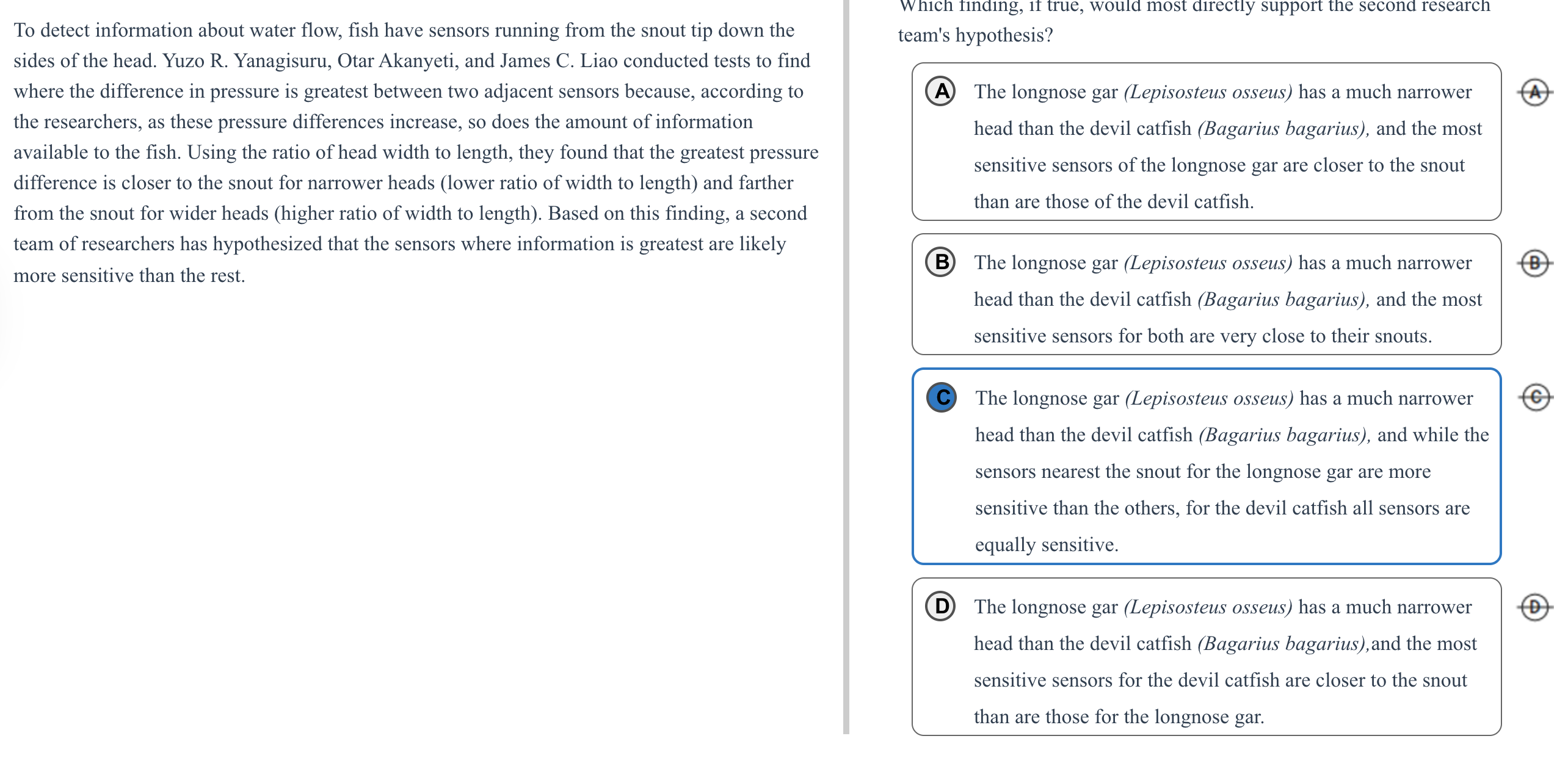To detect information about water flow, fish