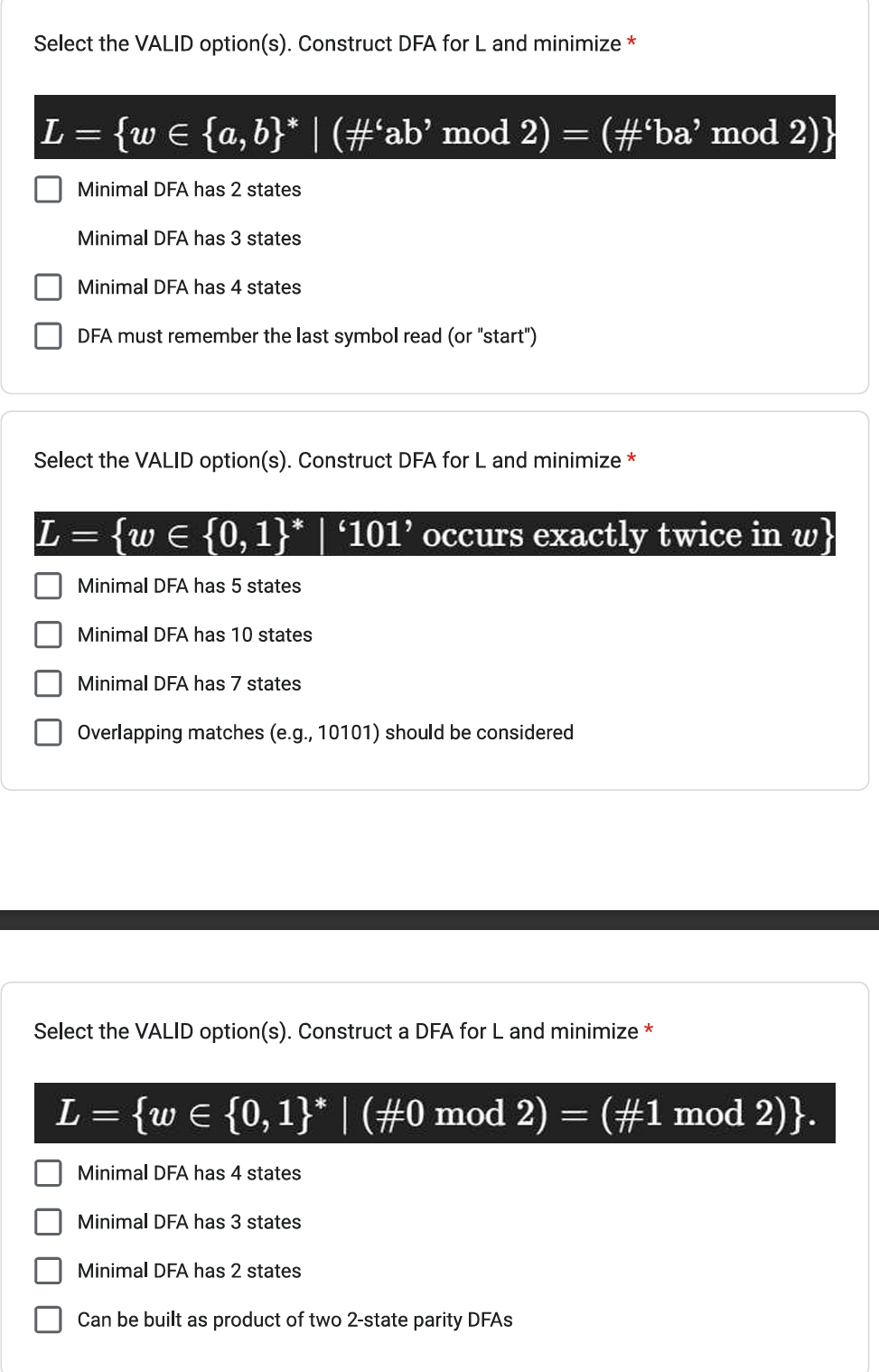 Select the VALID option(s). Construct DFA | StudyX