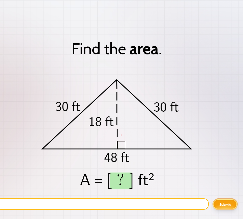 Find the area. $ {Area} = {1}{2} {base} | StudyX