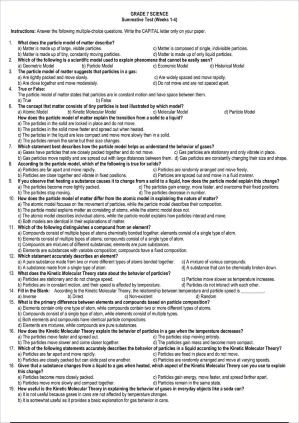 GRADE 7 SCIENCE Summative Test (Weeks 1-4) | StudyX
