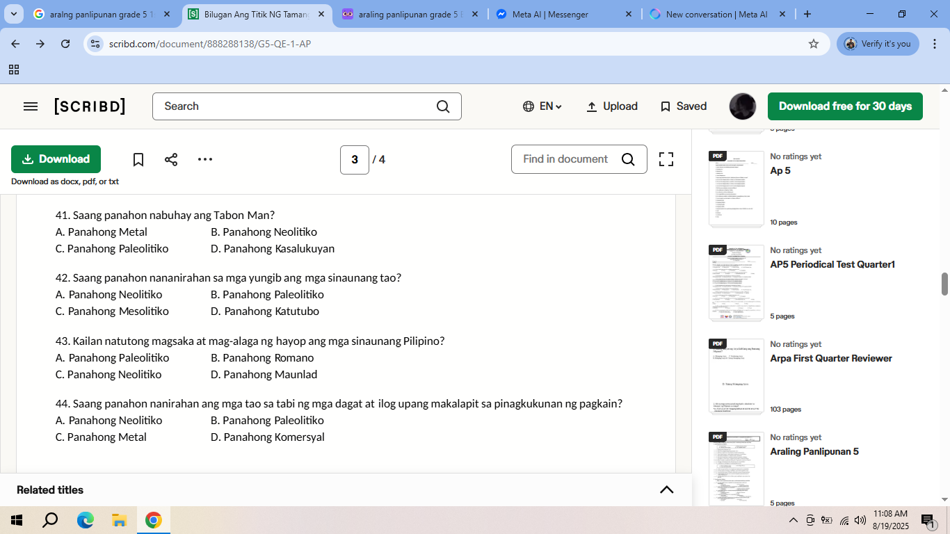 41. Saang panahon nabuhay ang Tabon Man? A. | StudyX