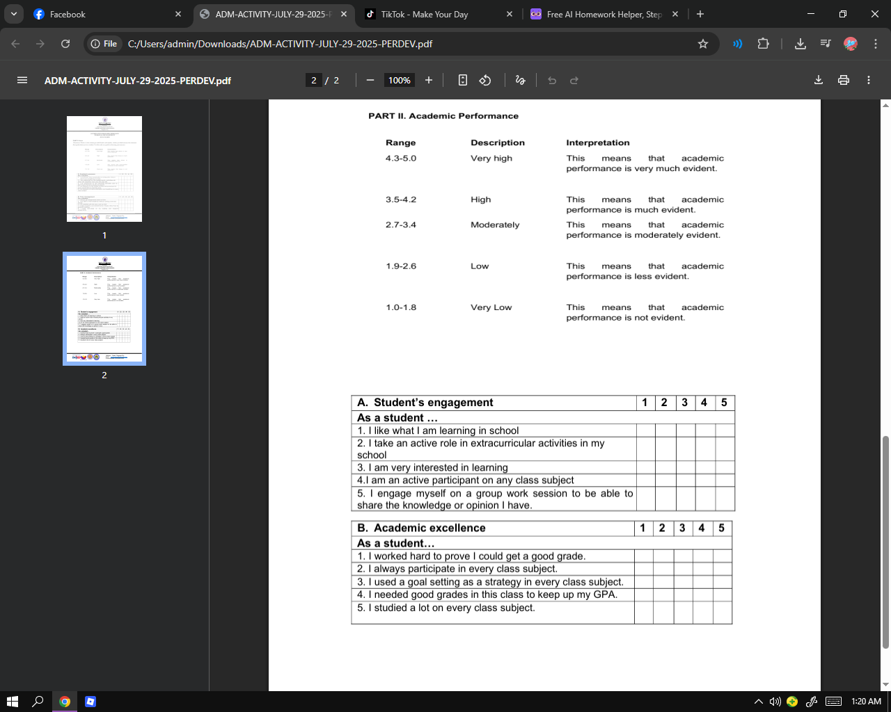Directions: Check ( ) the column provided | StudyX