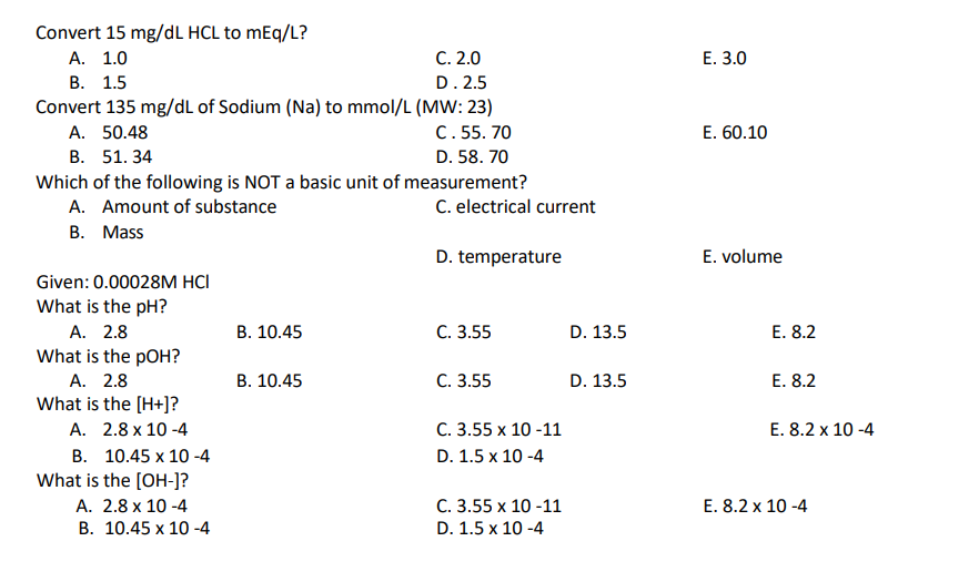 Convert 15 mg/dL HCL to mEq/L? A. 1.0 B. 1.5
