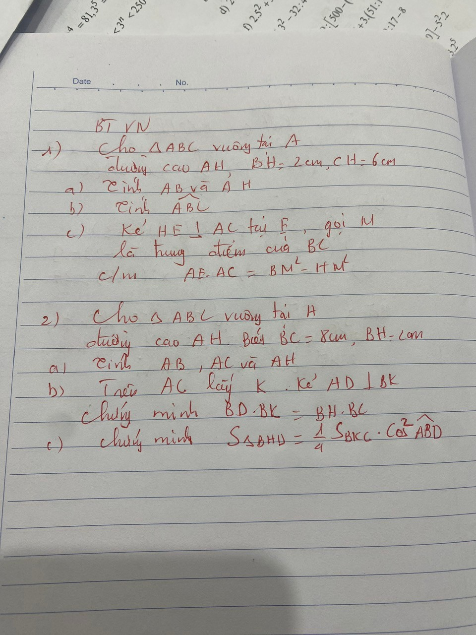 1) Cho $ ABC$ vuông tại A, đường cao AH, BH | StudyX