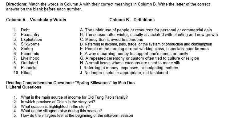 Directions: Match the words in Column A with | StudyX