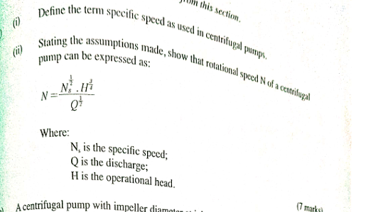 (i) Define the term specific speed as used | StudyX