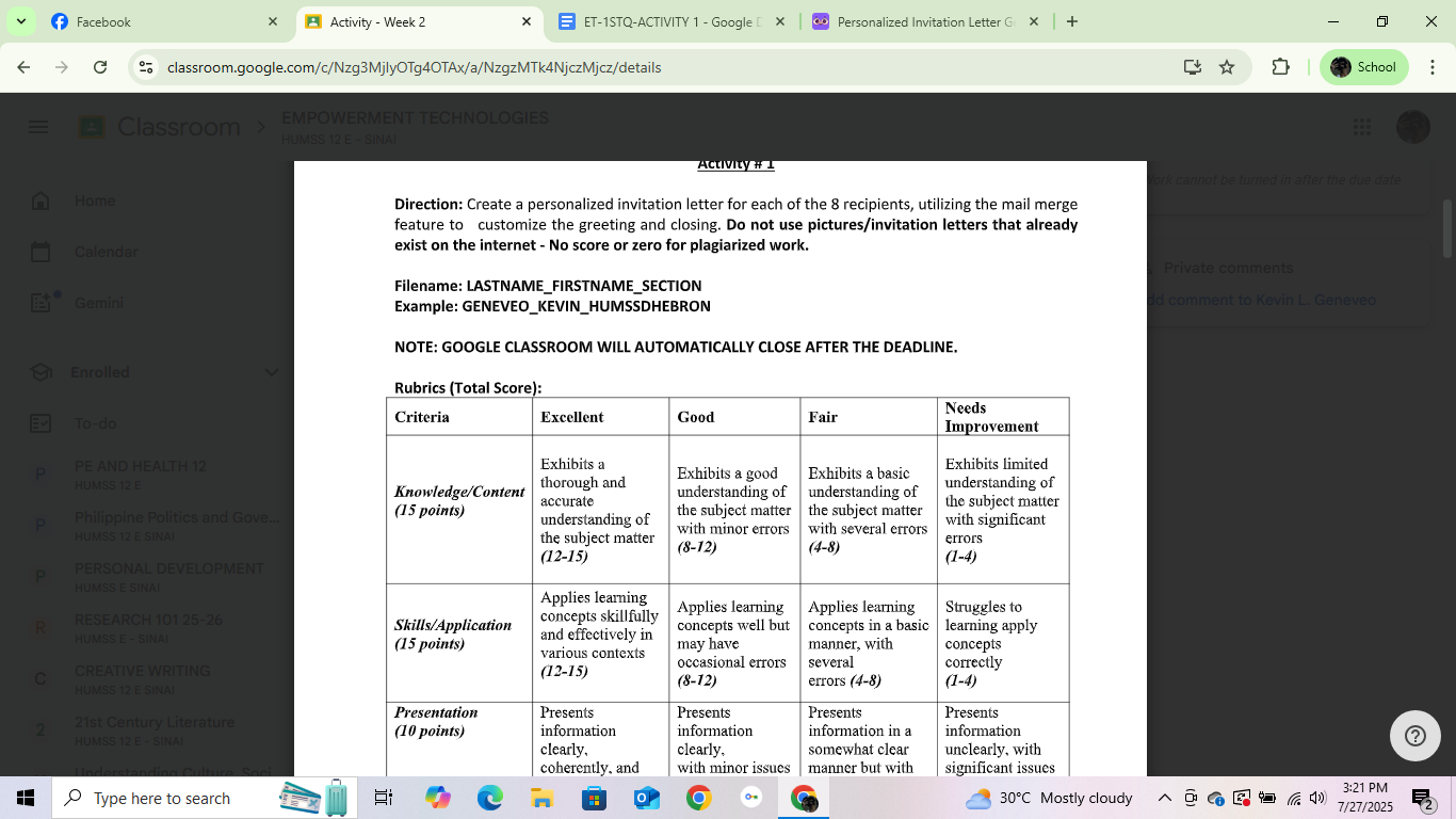 Activity # 1 Direction: Create a | StudyX