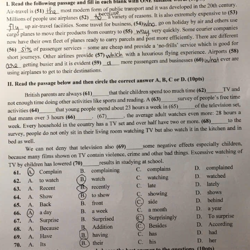 I. Read the following passage and fill in | StudyX
