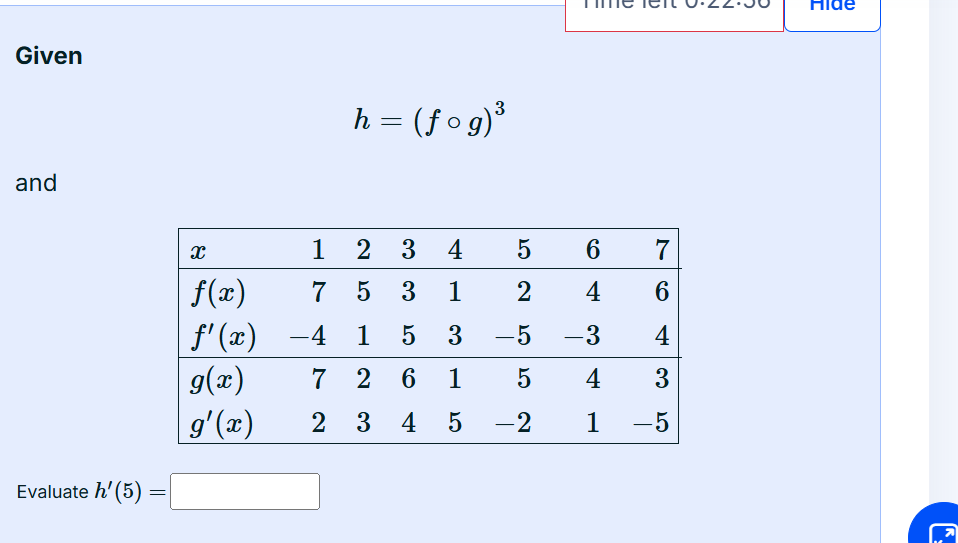 Given $h = (f g)^3$ and | x | 1 | 2 | 3 | StudyX