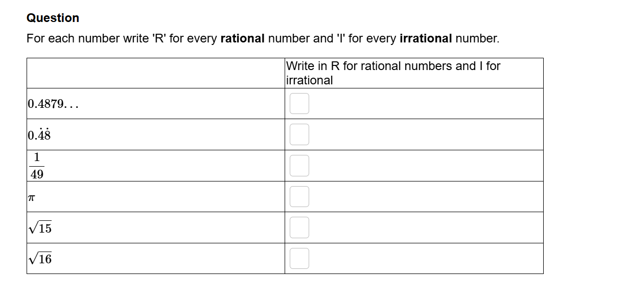 For each number write 'R' for every rational | StudyX