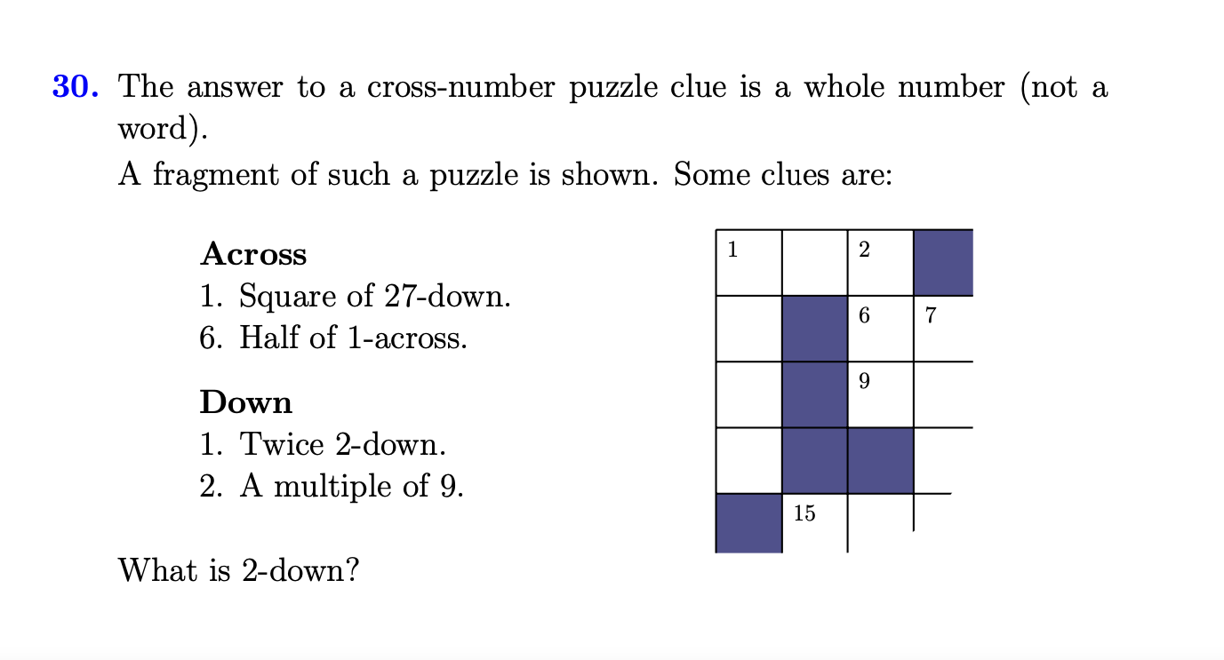30. The answer to a cross-number puzzle clue | StudyX