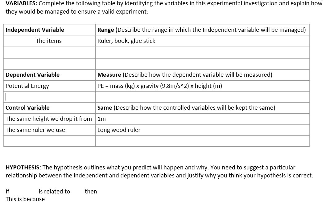 VARIABLES: Complete the following table by | StudyX
