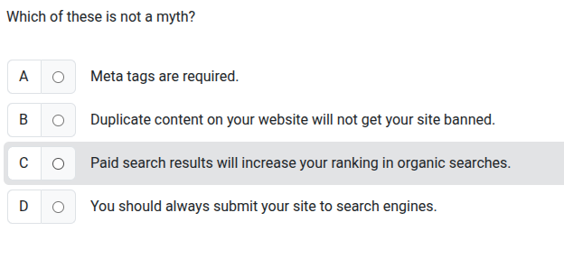 Which of these is not a myth? A Meta tags | StudyX