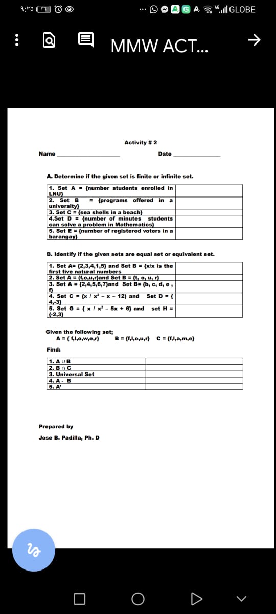 Activity # 2 A. Determine if the given set | StudyX