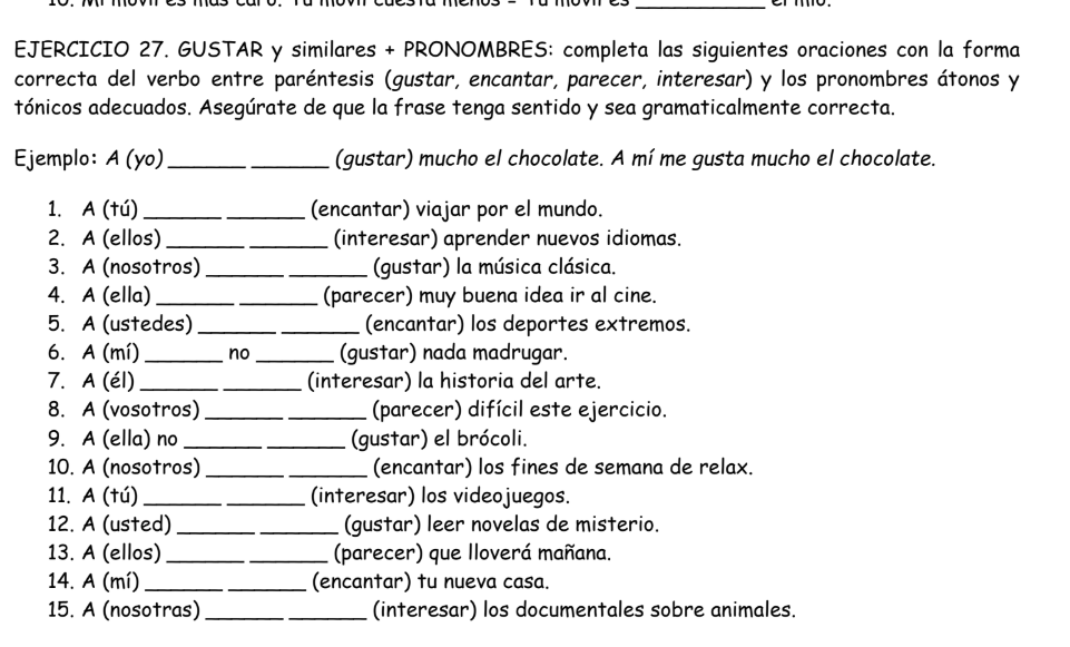 EJERCICIO 27. GUSTAR y similares + | StudyX