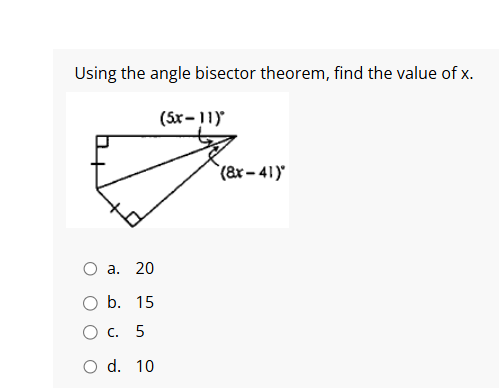 Using the angle bisector theorem, find the | StudyX