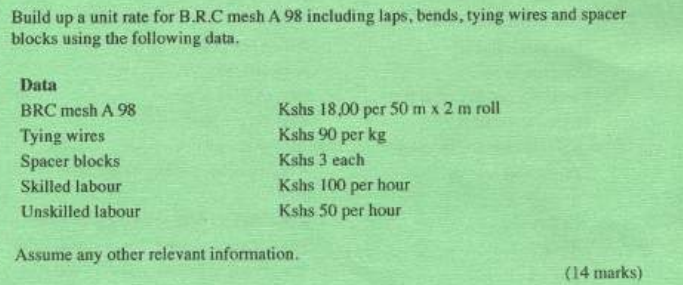 Build up a unit rate for B.R.C mesh A 98 | StudyX