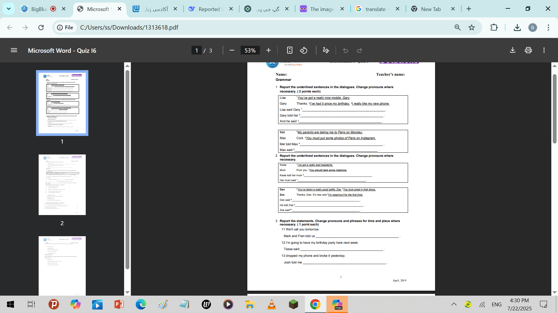 Name: Grammar 1 Report the underlined | StudyX