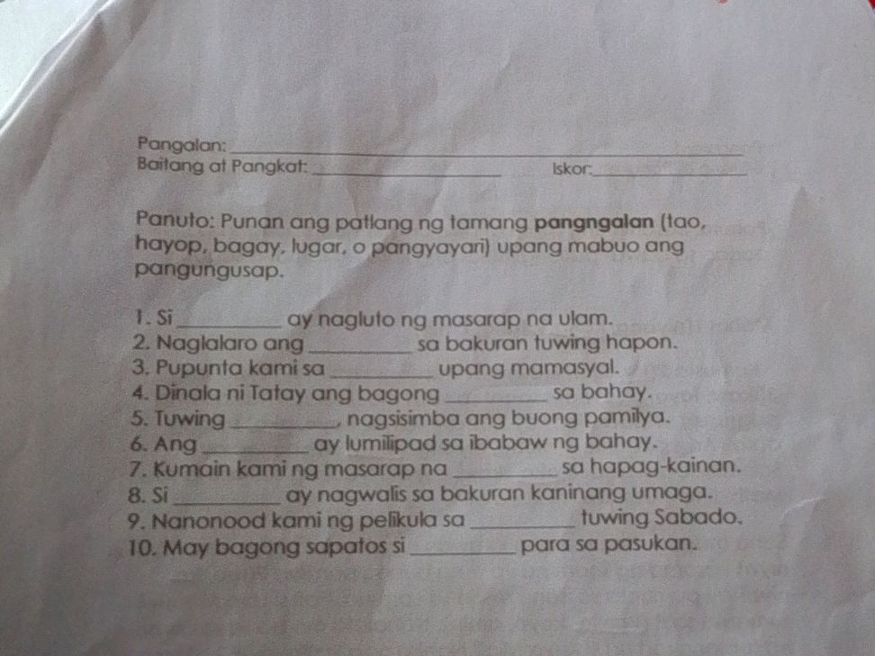 Pangalan: Baitang at Pangkat: Iskor: | StudyX