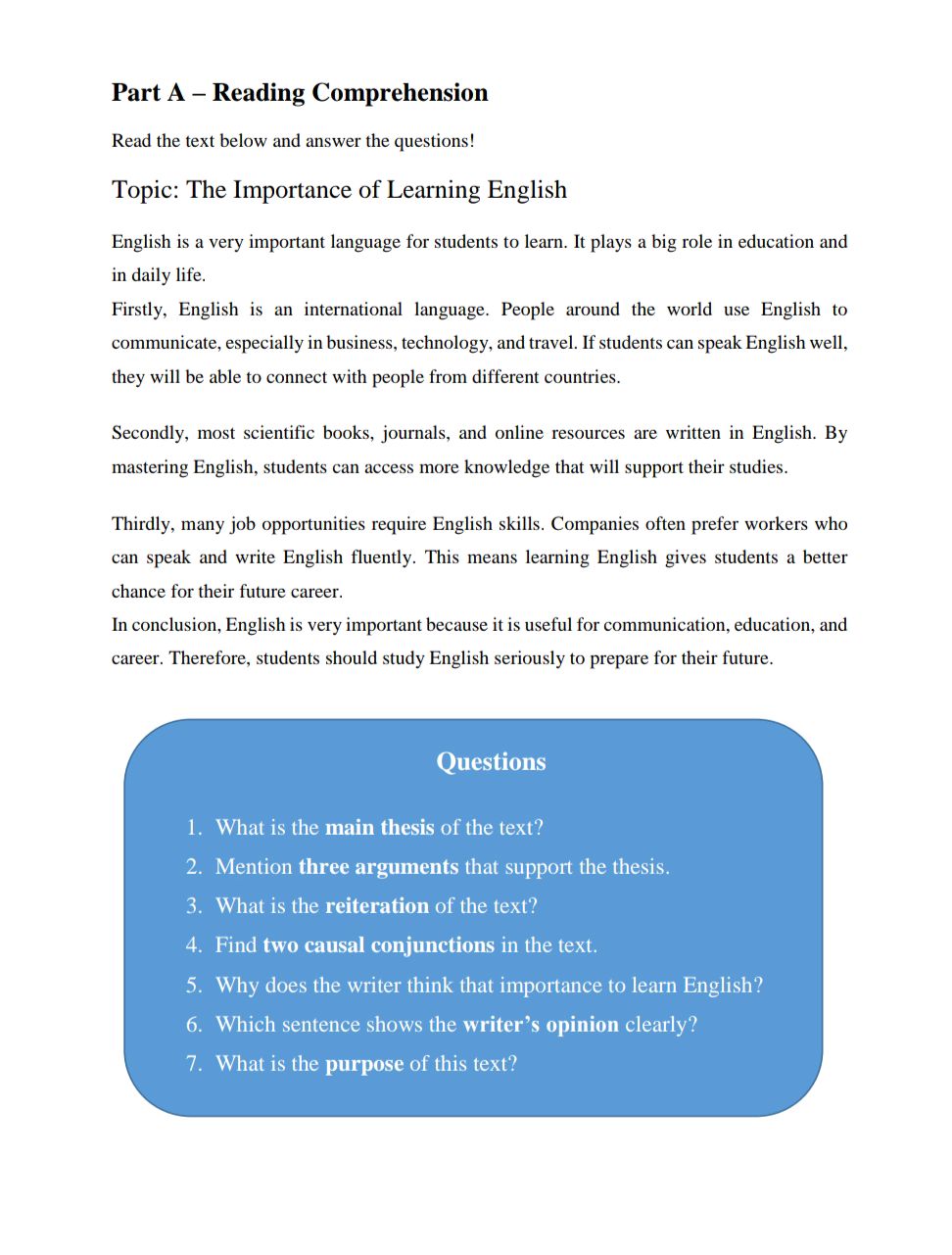 Part A - Reading Comprehension Read the text | StudyX