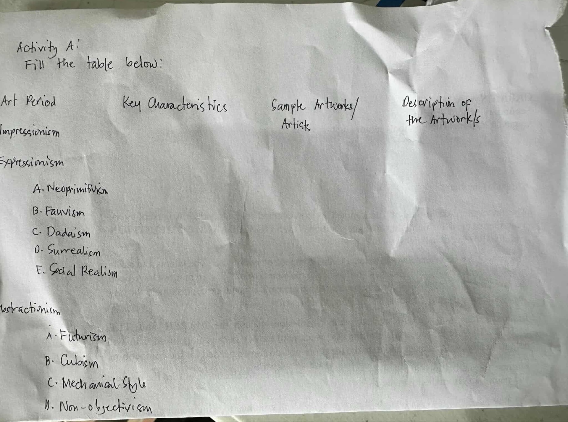 Activity A: Fill the table below: Art | StudyX