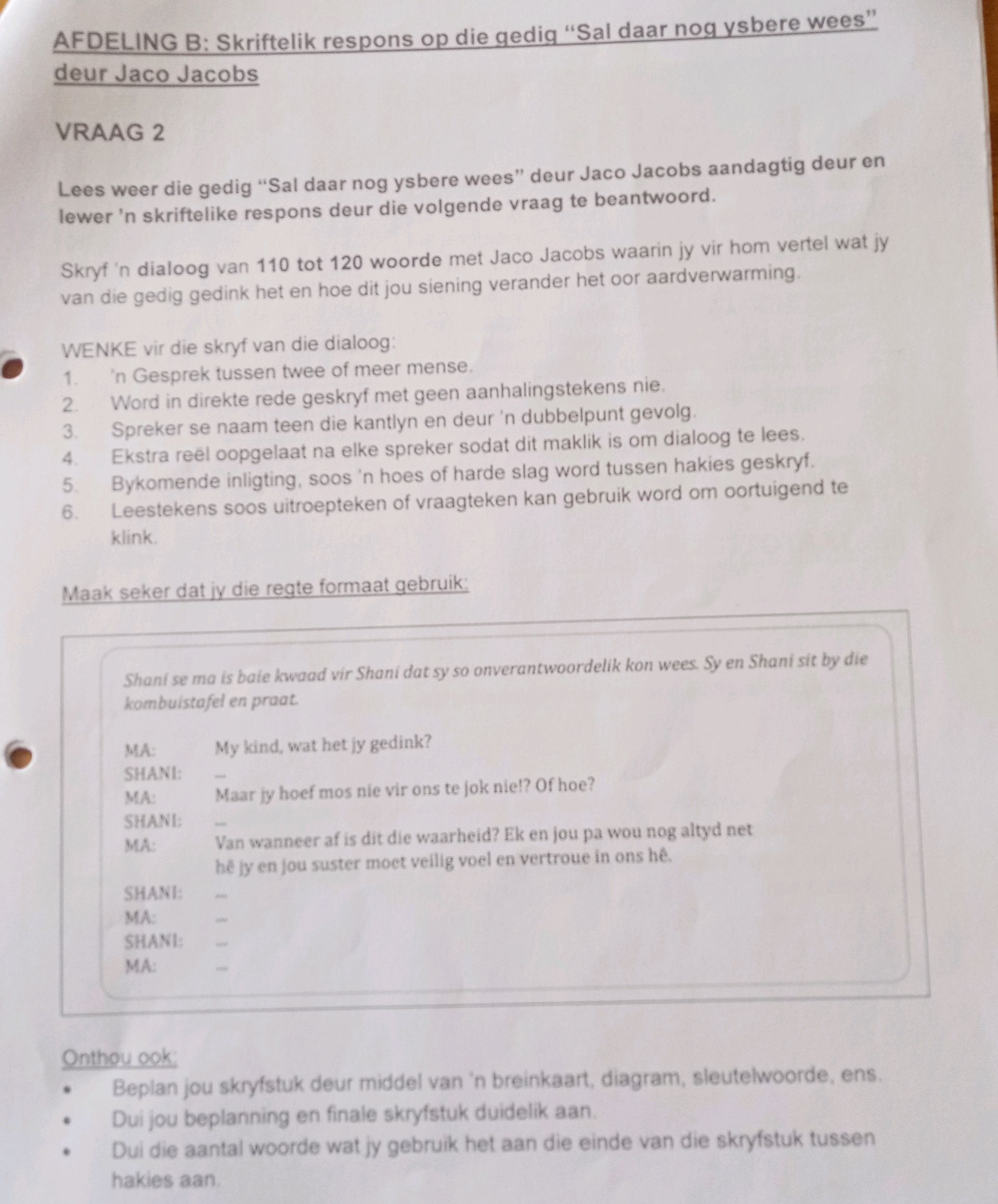 AFDELING B: Skriftelik respons op die gedig