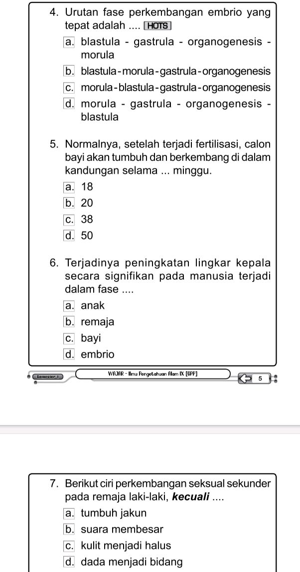 Urutan fase perkembangan embrio yang tepat