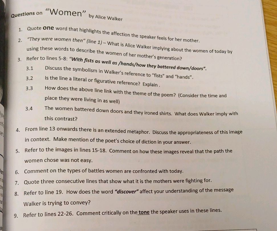 questions on "Women" by Alice Walker 1. | StudyX