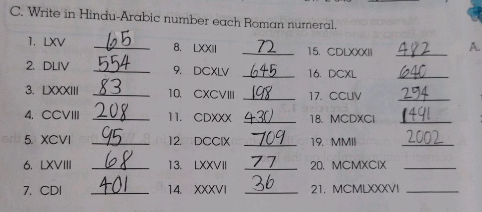 C. Write in Hindu-Arabic number each Roman | StudyX