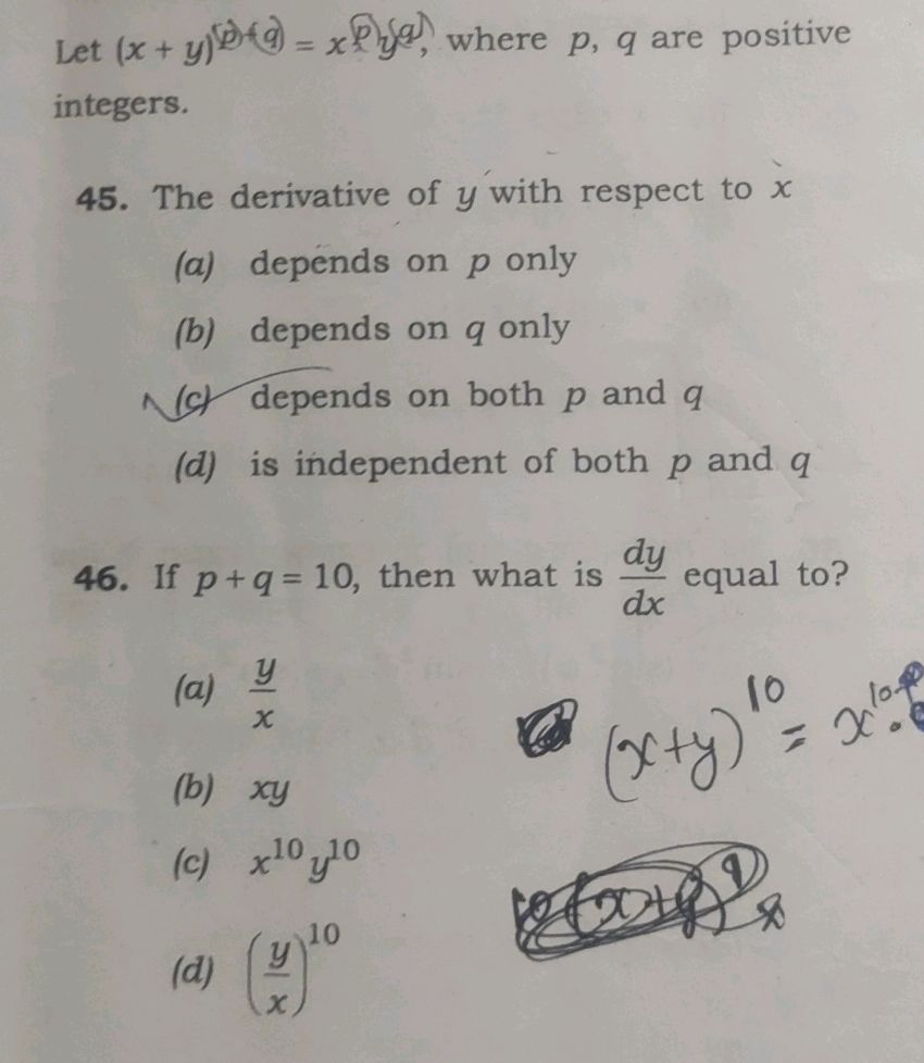 Let $(x+y)^{p+q} = x^p y^q$, where $p, q$ | StudyX
