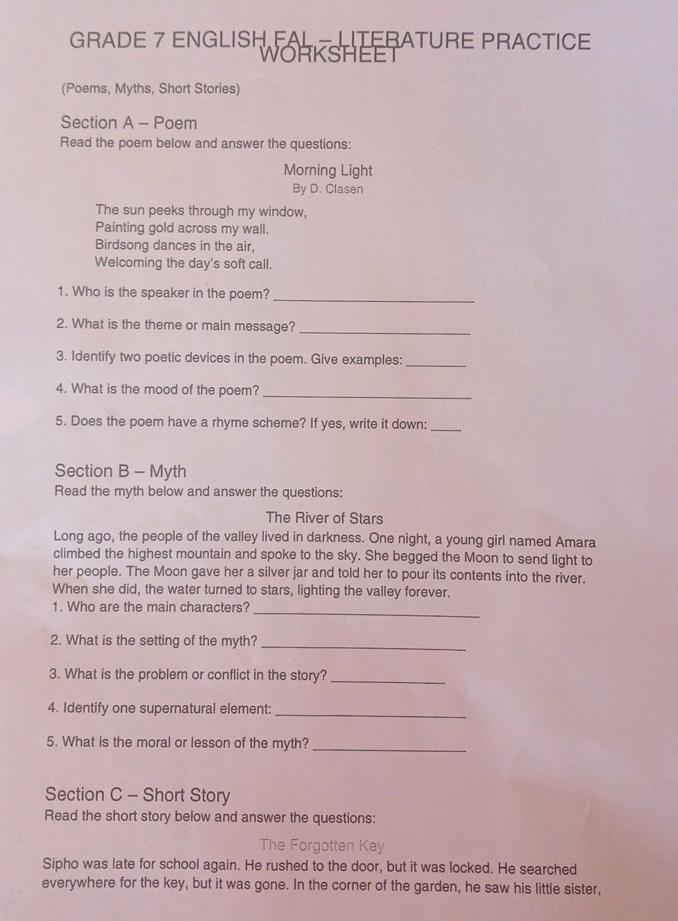 GRADE 7 ENGLISH LITERATURE PRACTICE