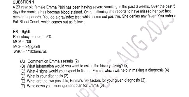 QUESTION 1 A 23 year old female Emma Phiri | StudyX