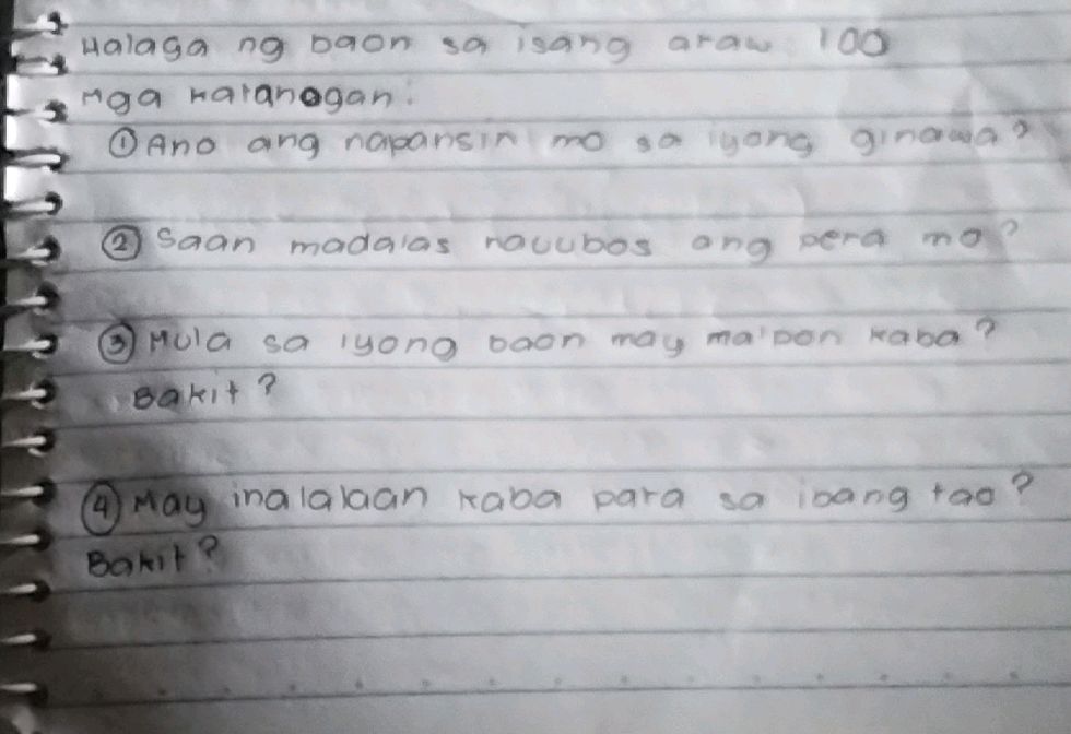 Halaga ng baon sa isang araw 100 Mga | StudyX