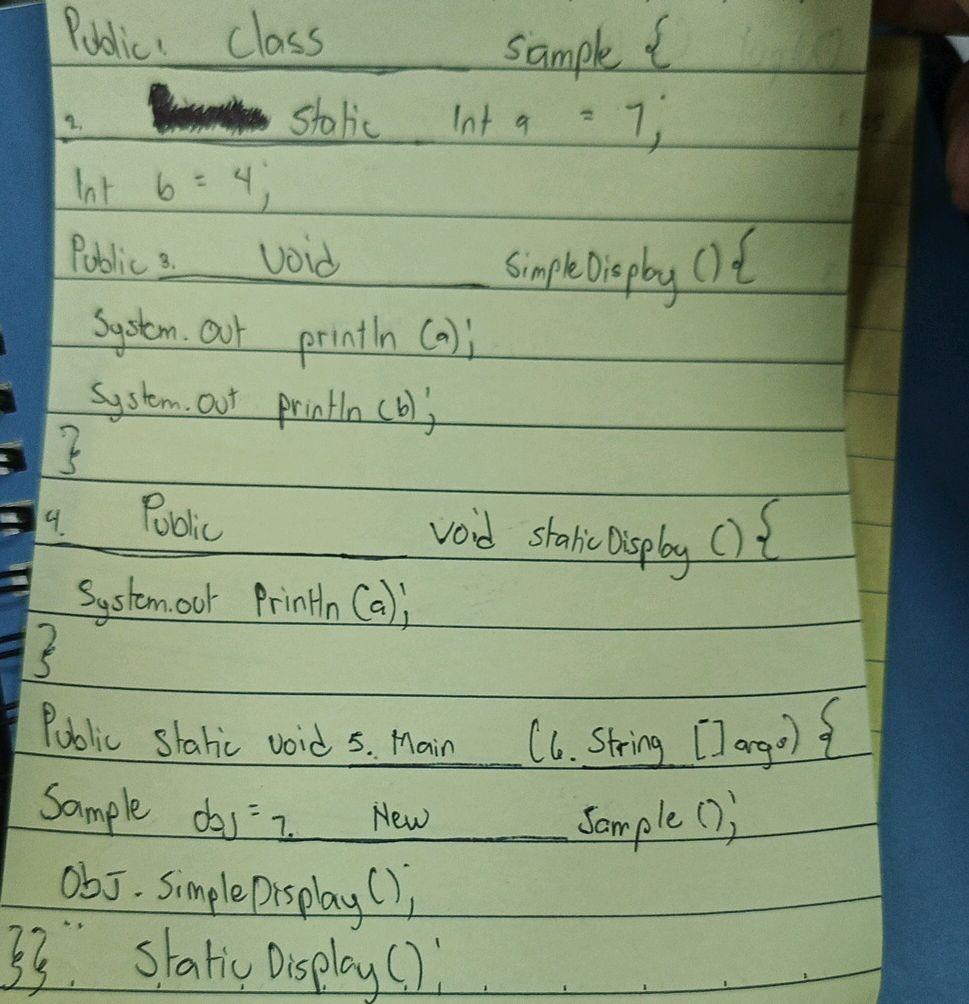 ```java Public class sample { static int a | StudyX