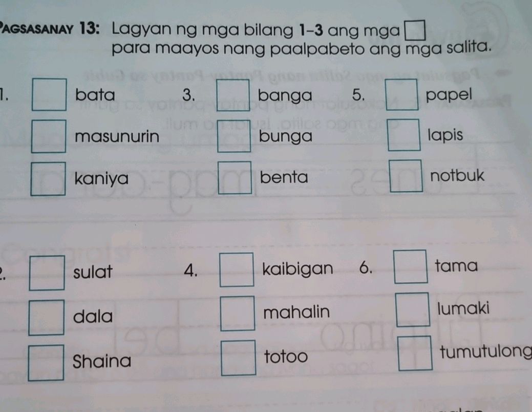 PAGSASANAY 13: Lagyan ng mga bilang 1-3 ang | StudyX