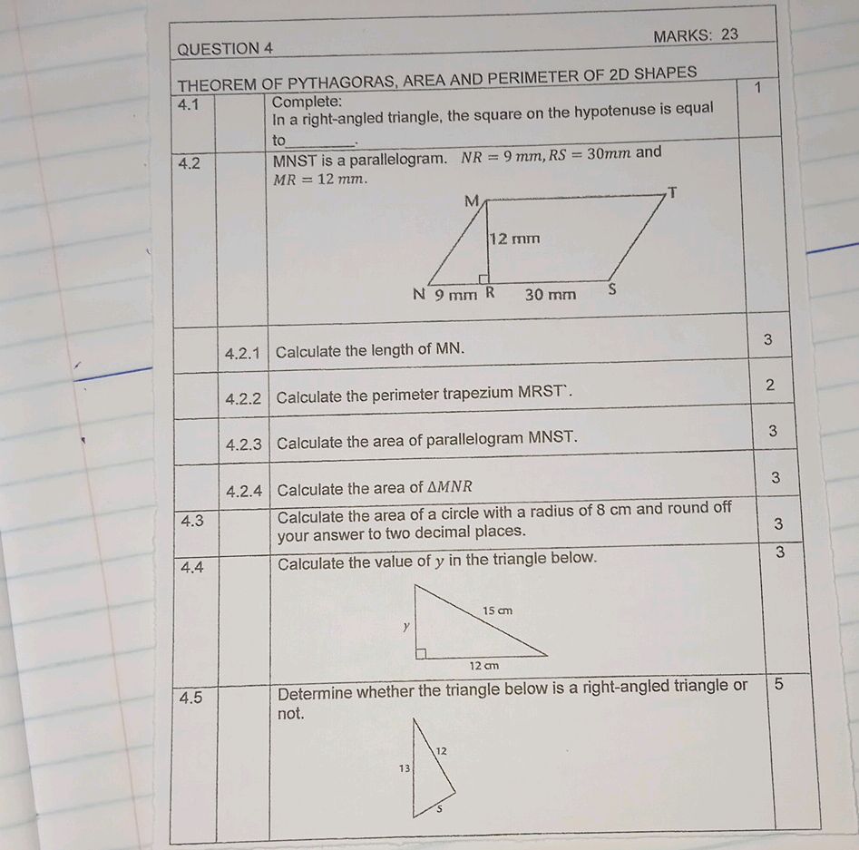 4.1 Complete: In a right-angled triangle, | StudyX