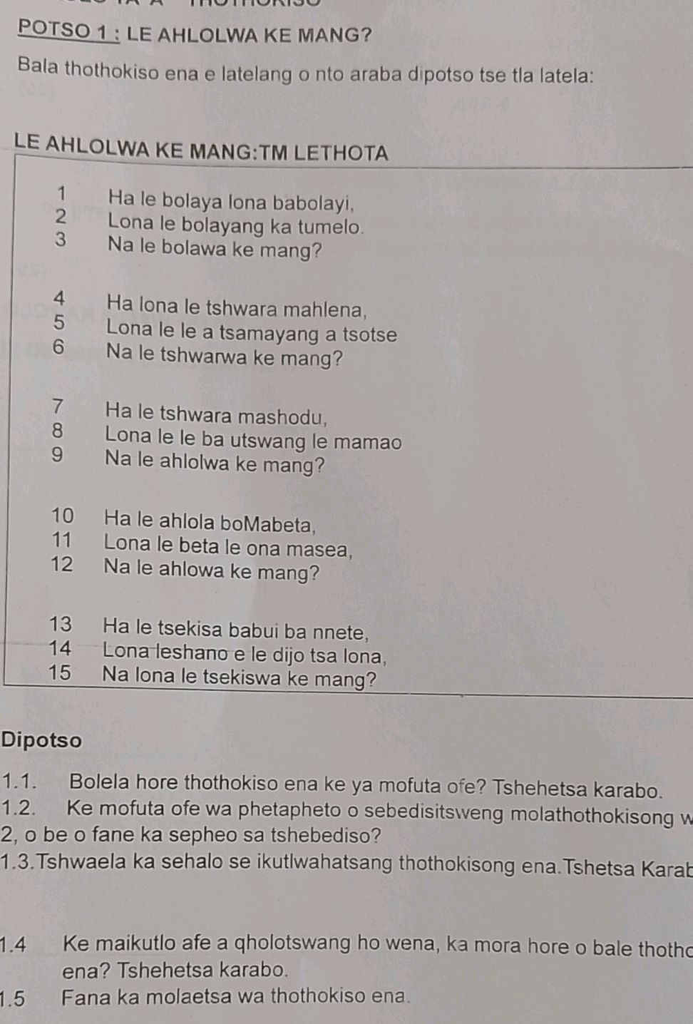 POTSO 1: LE AHLOLWA KE MANG? Bala thothokiso | StudyX