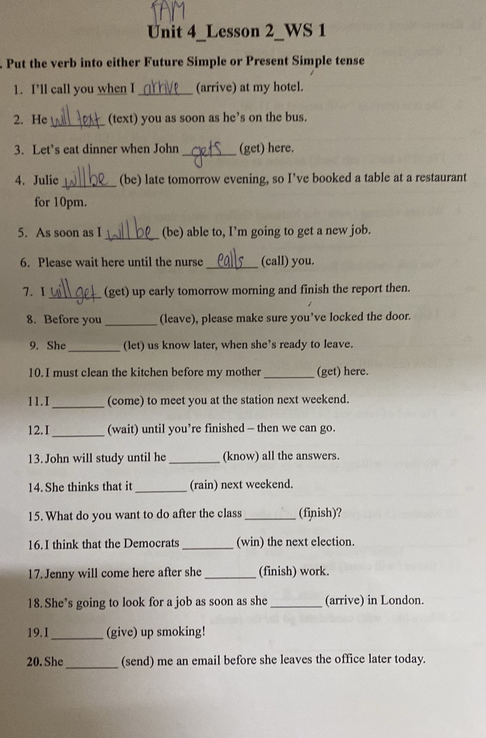 Unit 4_Lesson 2_WS 1 Put the verb into | StudyX