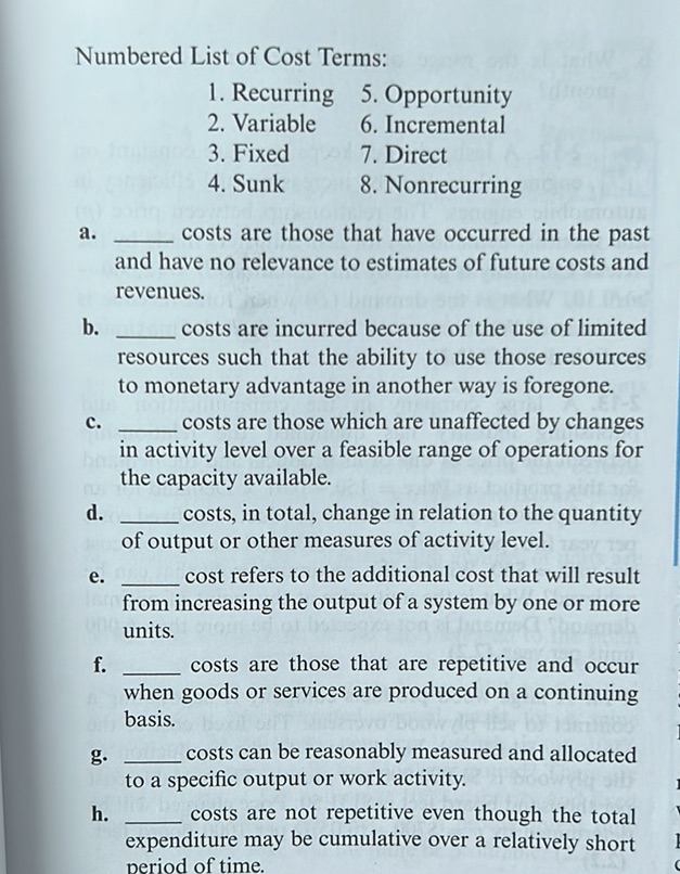 Numbered List of Cost Terms: {tabular} 1. | StudyX