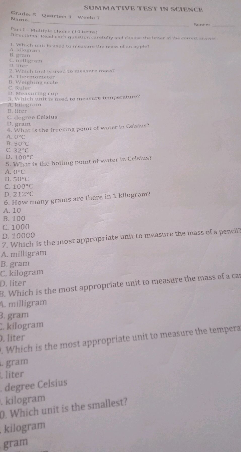 SUMMATIVE TEST IN SCIENCE Grade:5 Quarter: 1 | StudyX