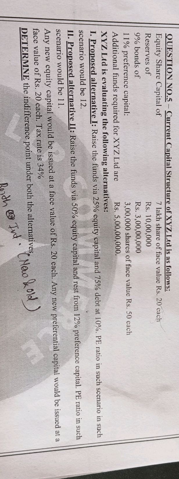 QUESTION NO.5 – Current Capital Structure of