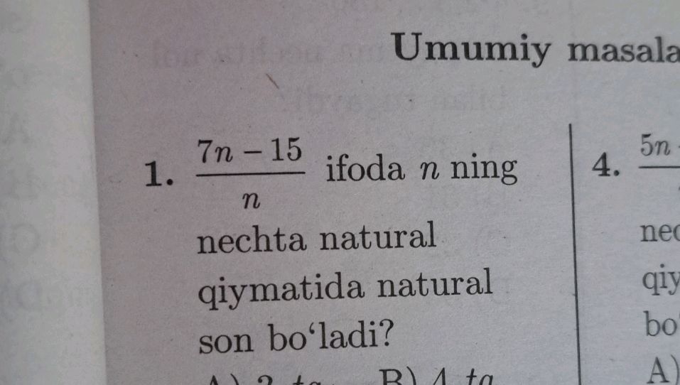 1. $ {7n-15}{n}$ ifoda n ning nechta | StudyX