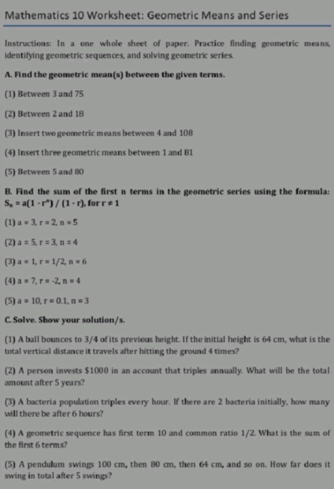 Mathematics 10 Worksheet: Geometric Means | StudyX