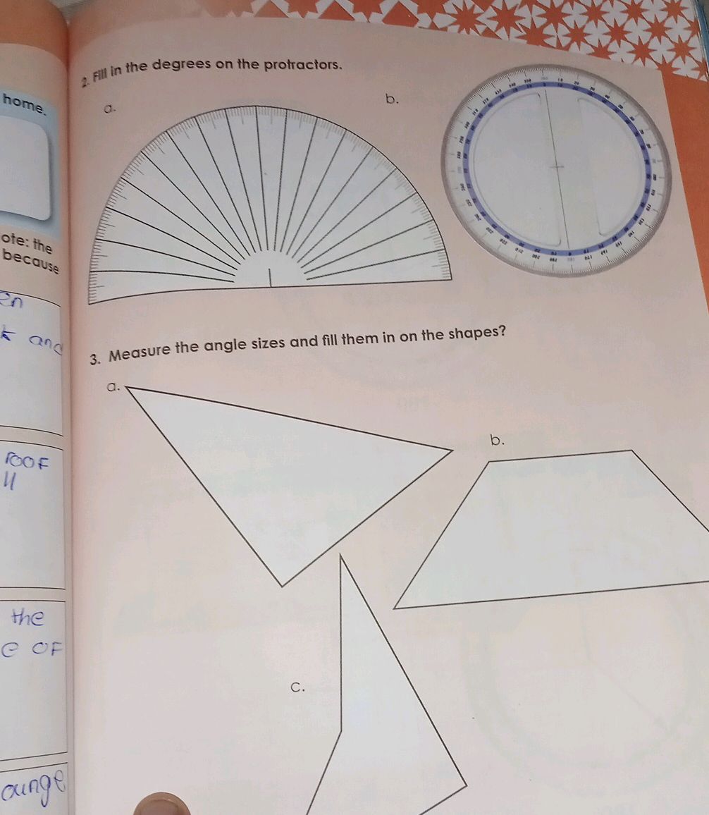 Fill in the degrees on the protractors. a.
