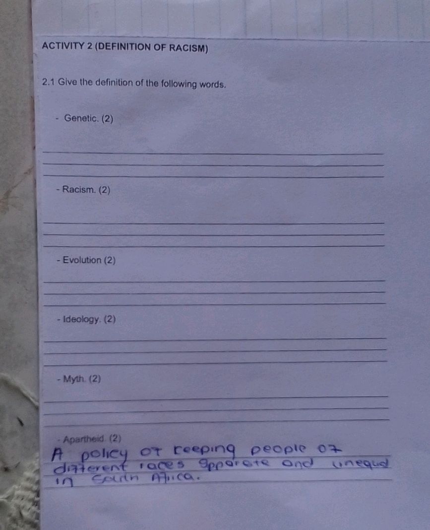 ACTIVITY 2 (DEFINITION OF RACISM) 2.1 Give | StudyX