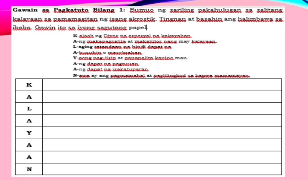 Gawain sa Pagkatuto Bilang 1: Bumuo ng | StudyX