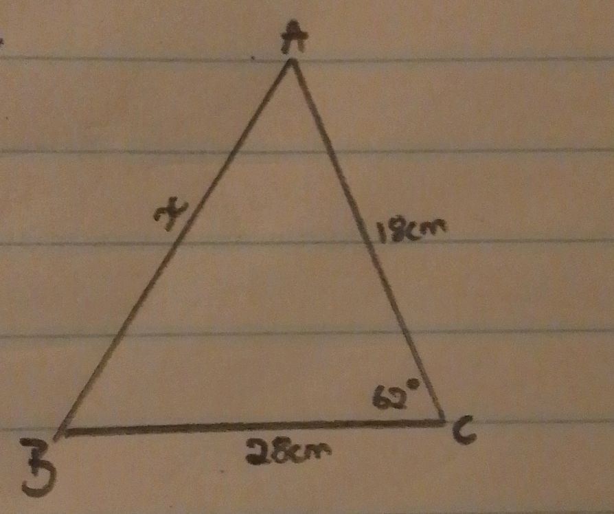 Triangle with sides labeled and angle given.