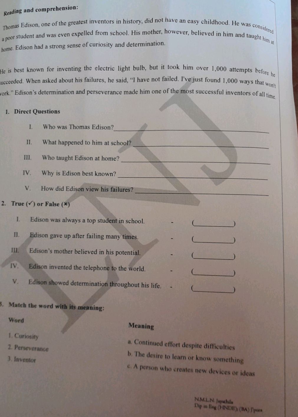 Reading and comprehension: Thomas Edison, | StudyX