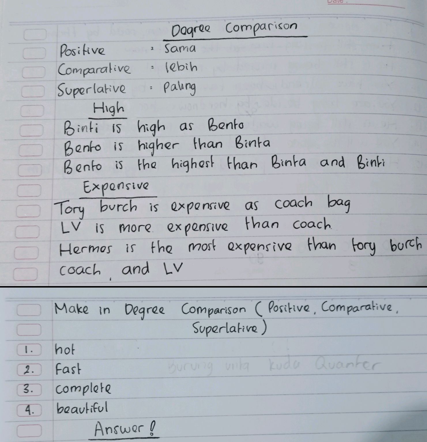 Degree Comparison Positive = Sama | StudyX